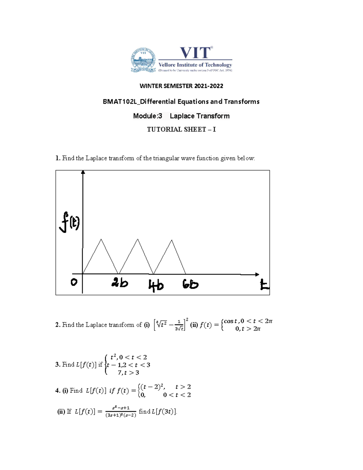 BMAT102L Module 3 Tutorial Sheet 1 - WINTER SEMESTER 2021- BMAT102L ...