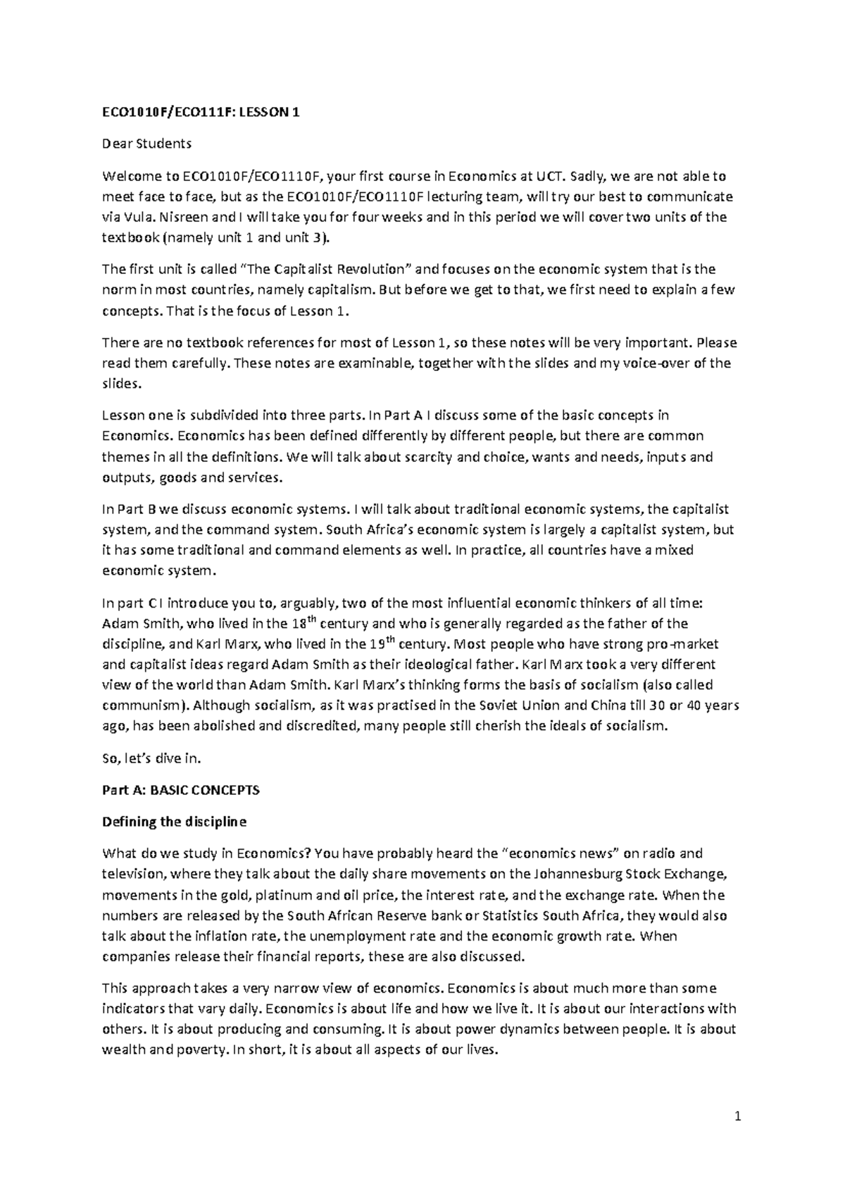 Lesson 1 Notes Lecture 1 Notes Eco1010f Eco111f Lesson 1 Dear