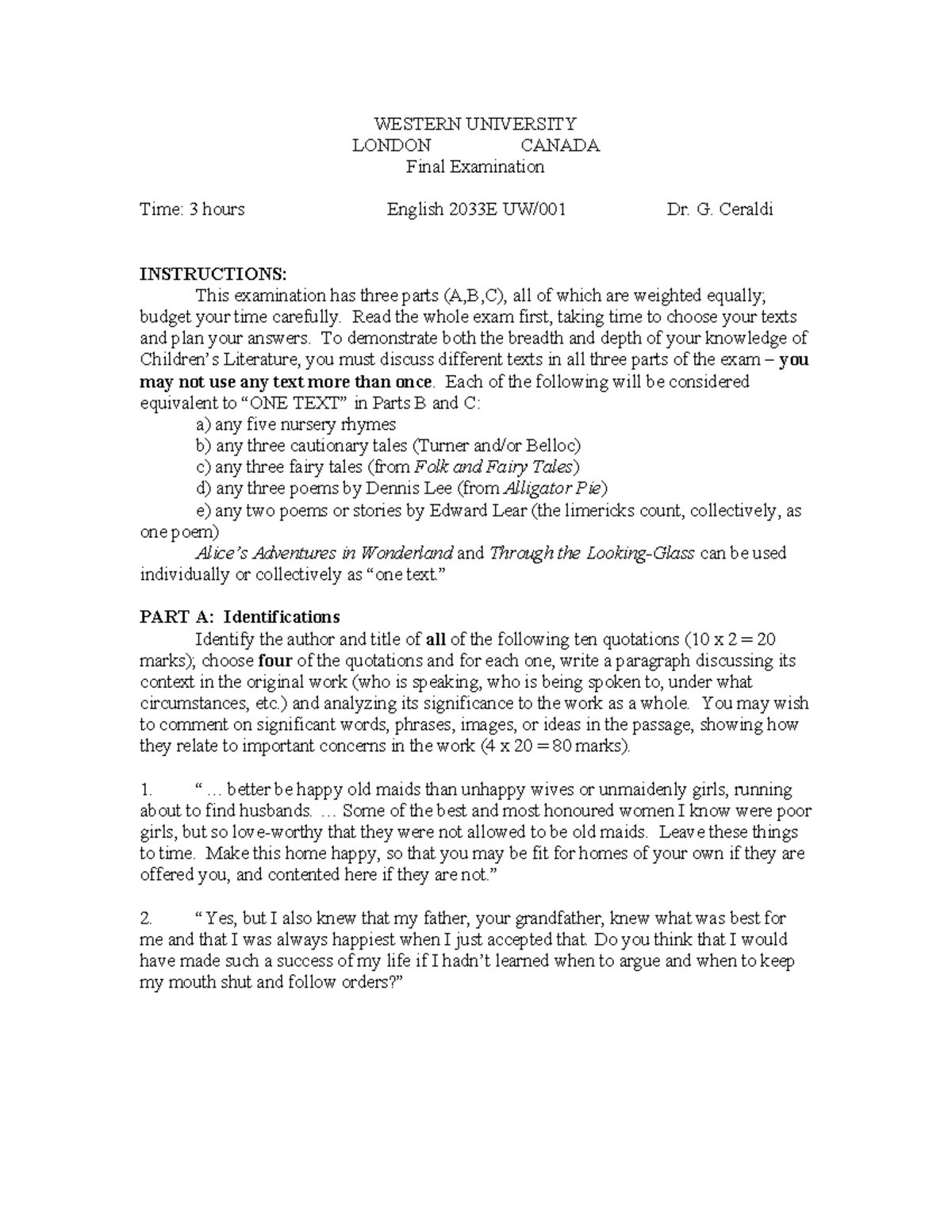 English 2033E Final Exam Format and Instructions - Studocu