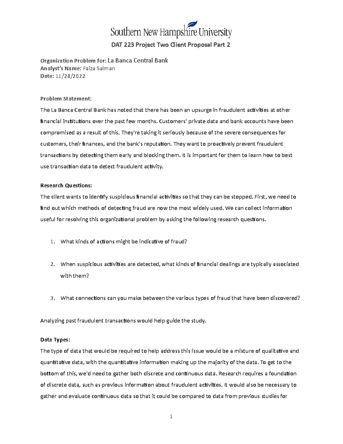 DAT-223 Project Two: Client Proposal for La Banca Central Bank - Studocu