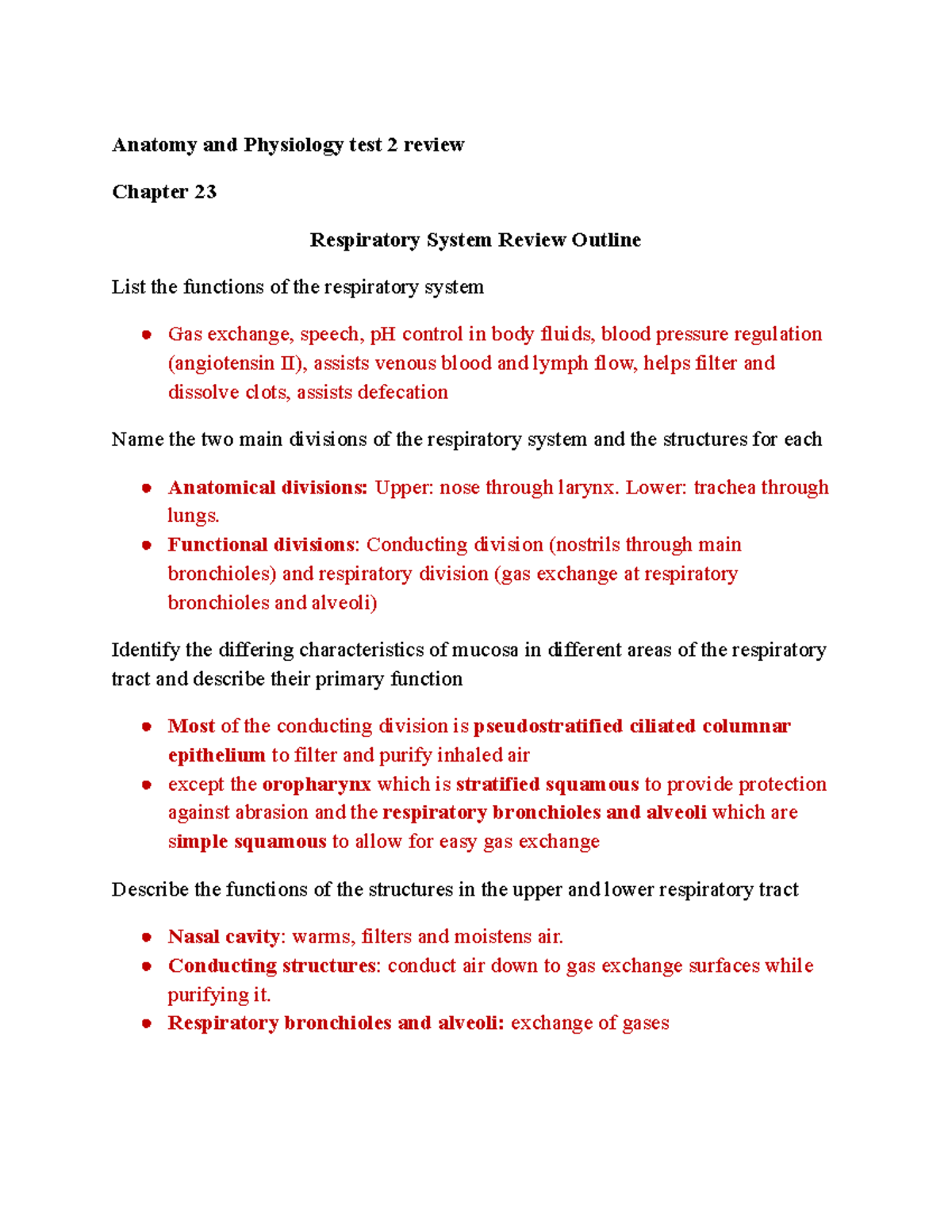 Anatomy & Physiology Test 2 Review: Chapter 23 Respiratory System - Studocu