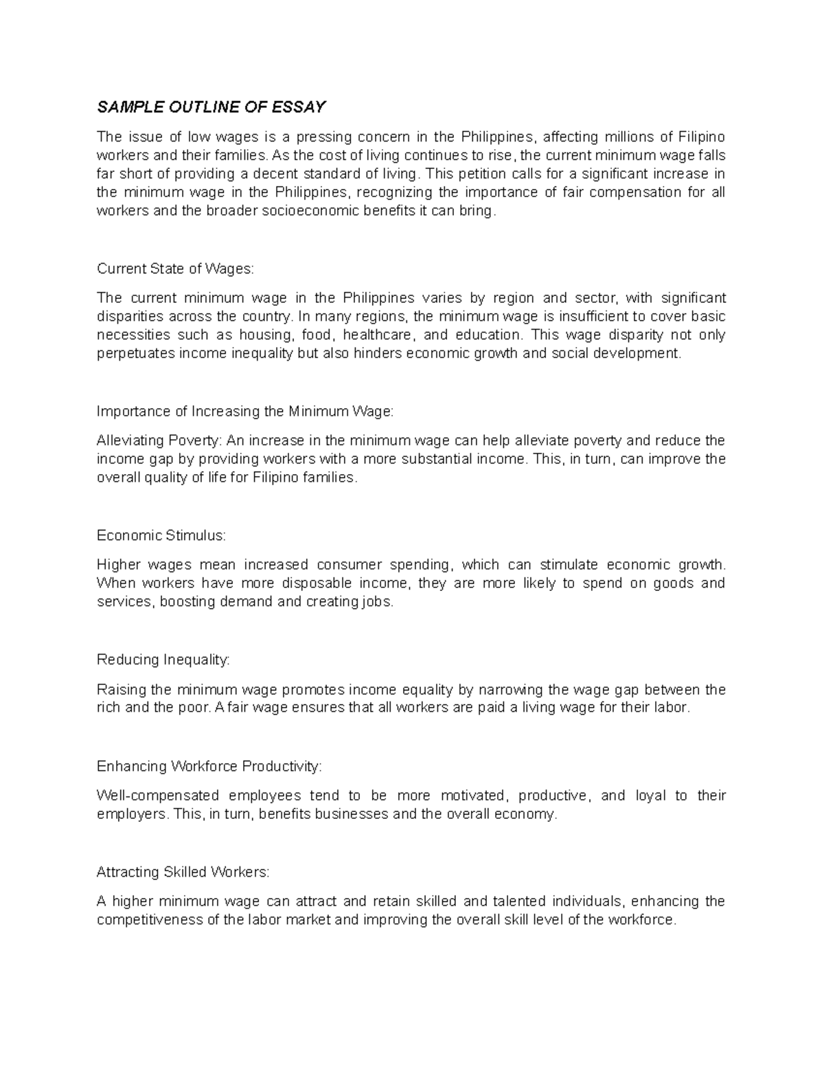 Essay Outline on Minimum Wage Increase in the Philippines - Studocu