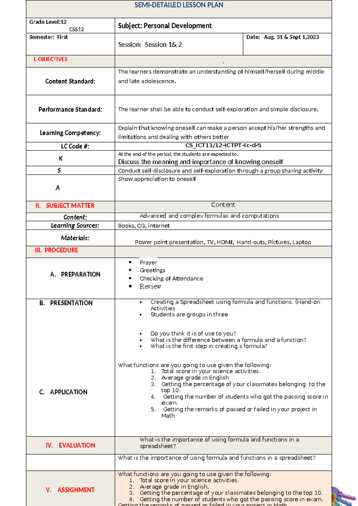 CSS12 Personal Development Lesson Plan for Grade 12 - Session 2 - Studocu
