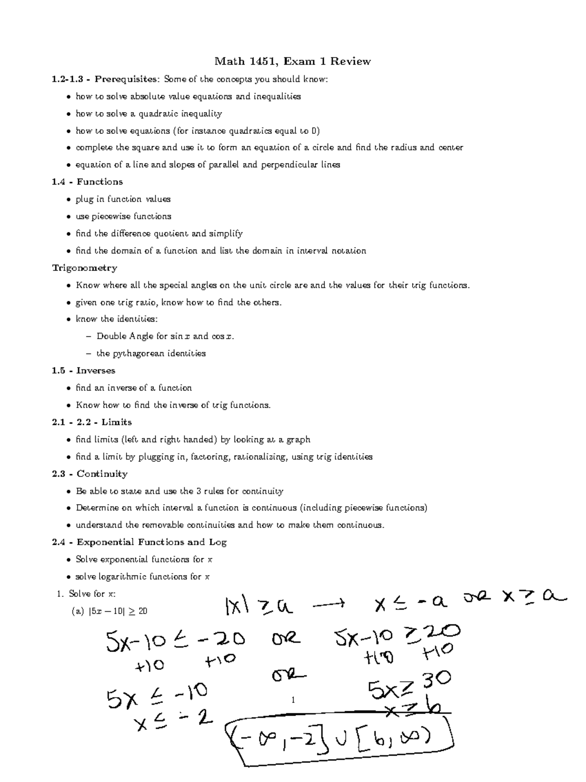 Math 1451 Exam 1 Review: Essential Concepts & Practice Problems - Studocu