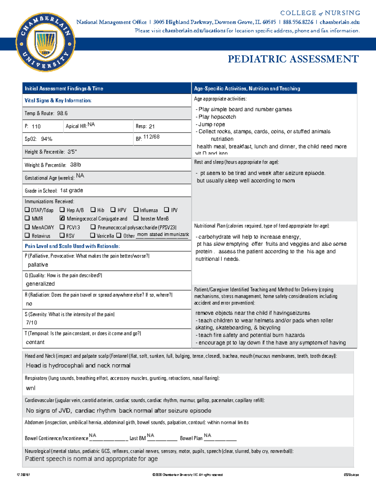 Pediatric Assessment Week 6 Clinical Findings and Guidelines - Studocu