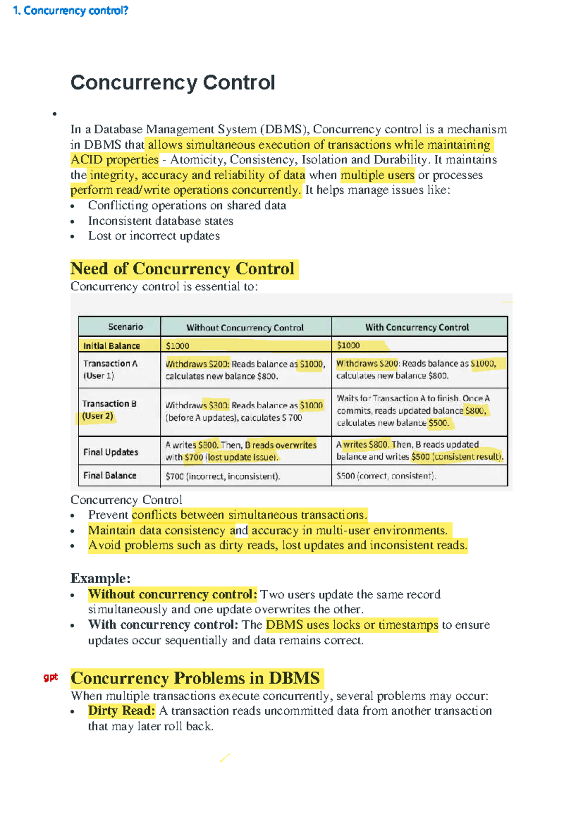 Concurrency Control in DBMS: Key Concepts and Protocols - Studocu