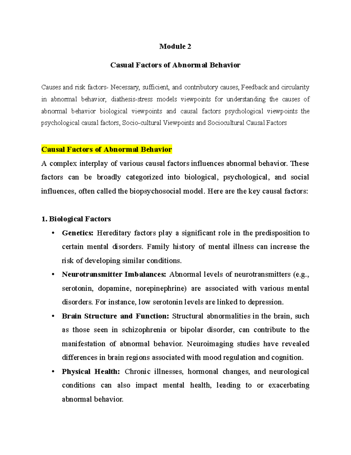 AB Module 2 - Causal Factors of Abnormal Behavior: A Comprehensive ...