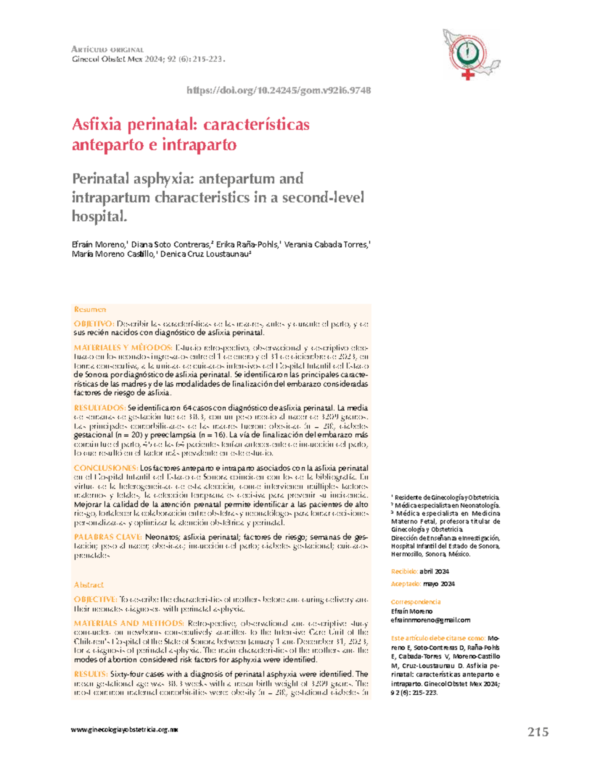 Asfixia Perinatal: Características Anteparto e Intraparto en Hospital ...
