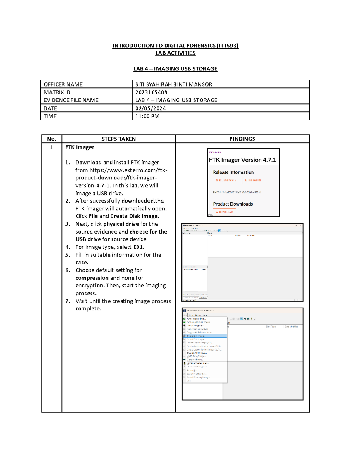 LAB 4 Imaging Usb Storage - INTRODUCTION TO DIGITAL FORENSICS (ITT593) LAB ACTIVITIES LAB 4 ...