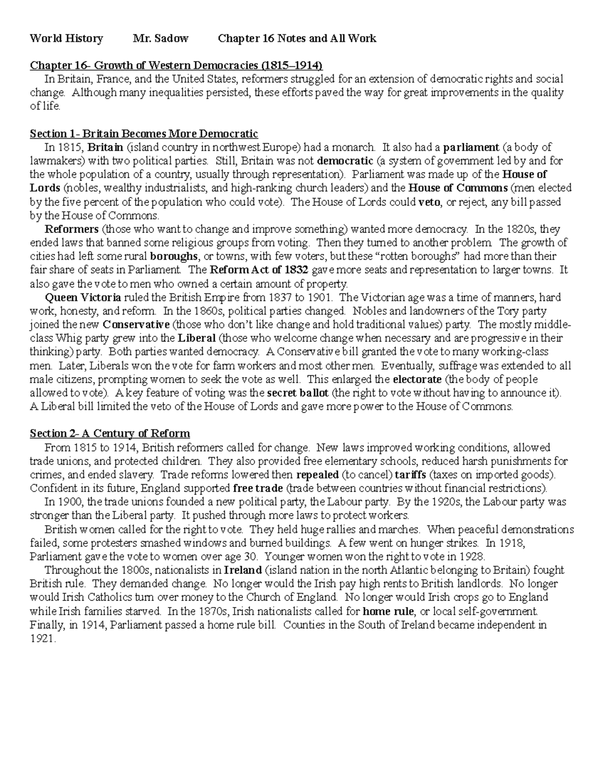 World History Chapter 16 Notes: Growth of Western Democracies - Studocu