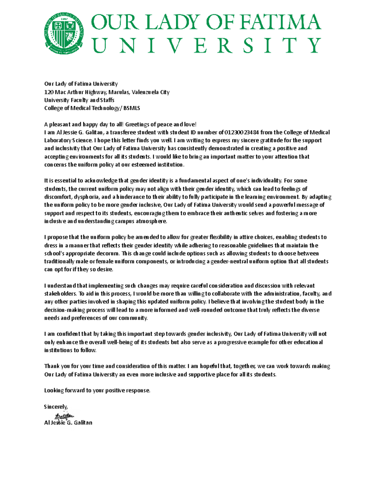 OLFU Proposal for Inclusive Uniform Policy and ID Considerations - Studocu