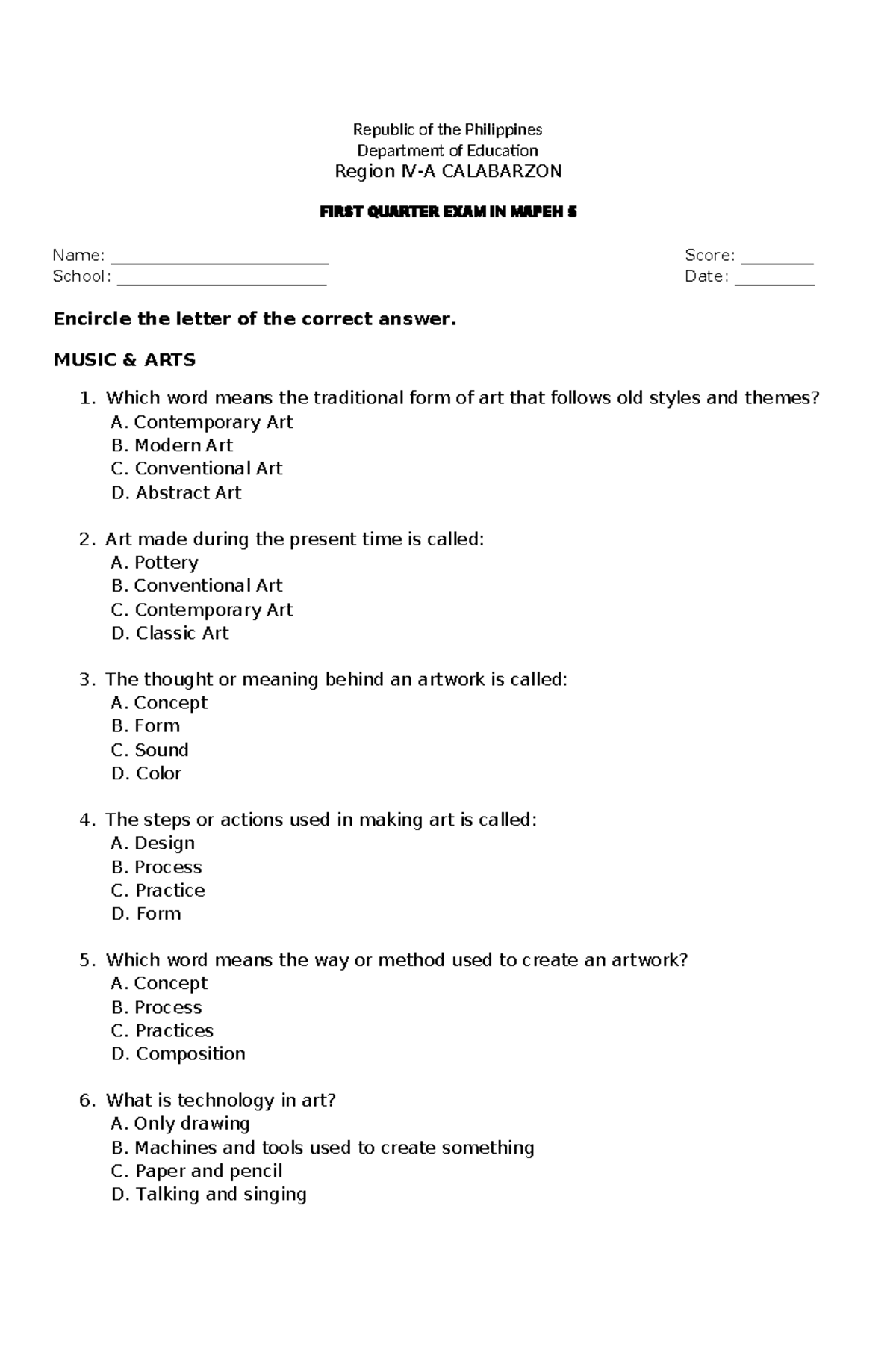 G5 MAPEH 1st Quarter Exam Review - Assignment - Studocu
