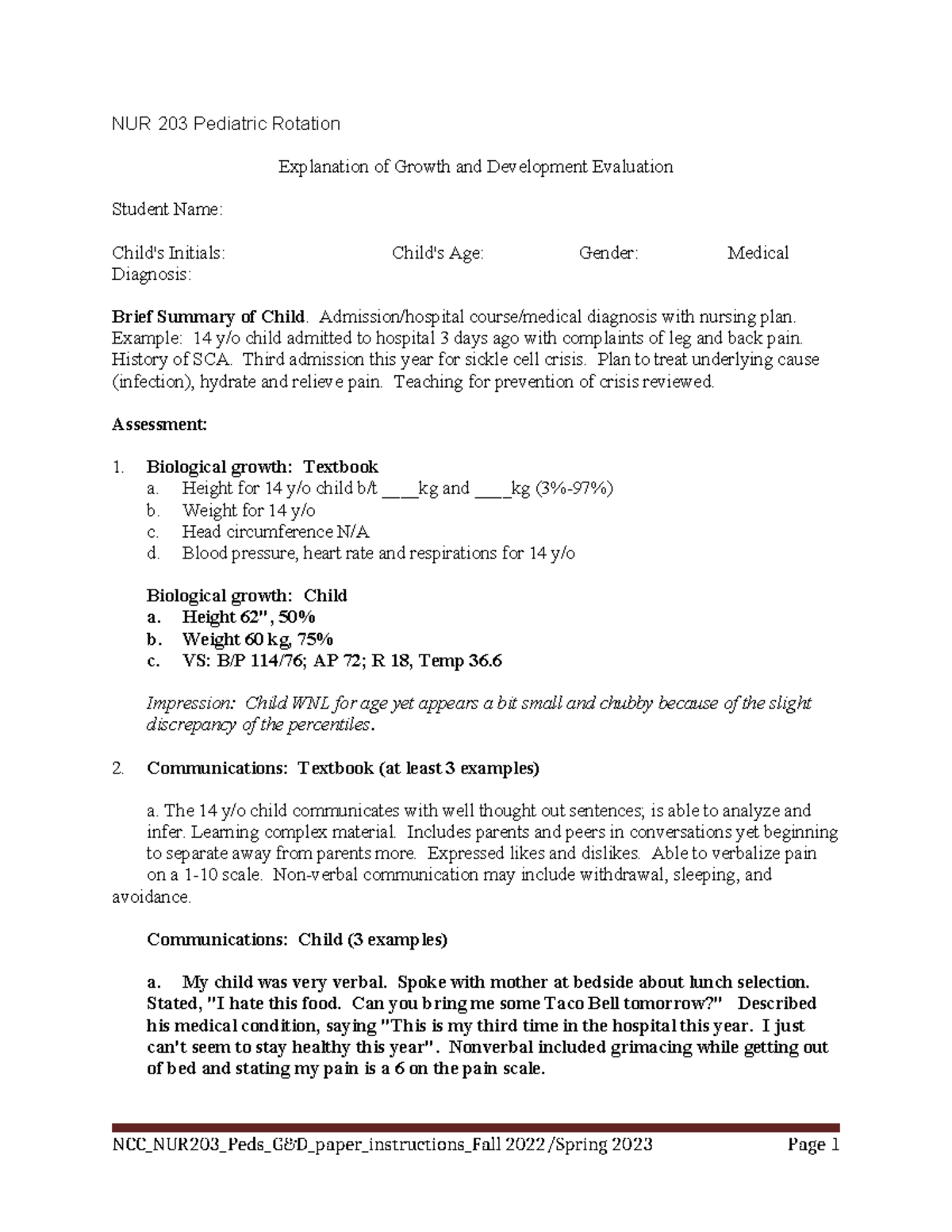NUR 203 Pediatric Rotation: Growth & Development Evaluation Guide - Studocu