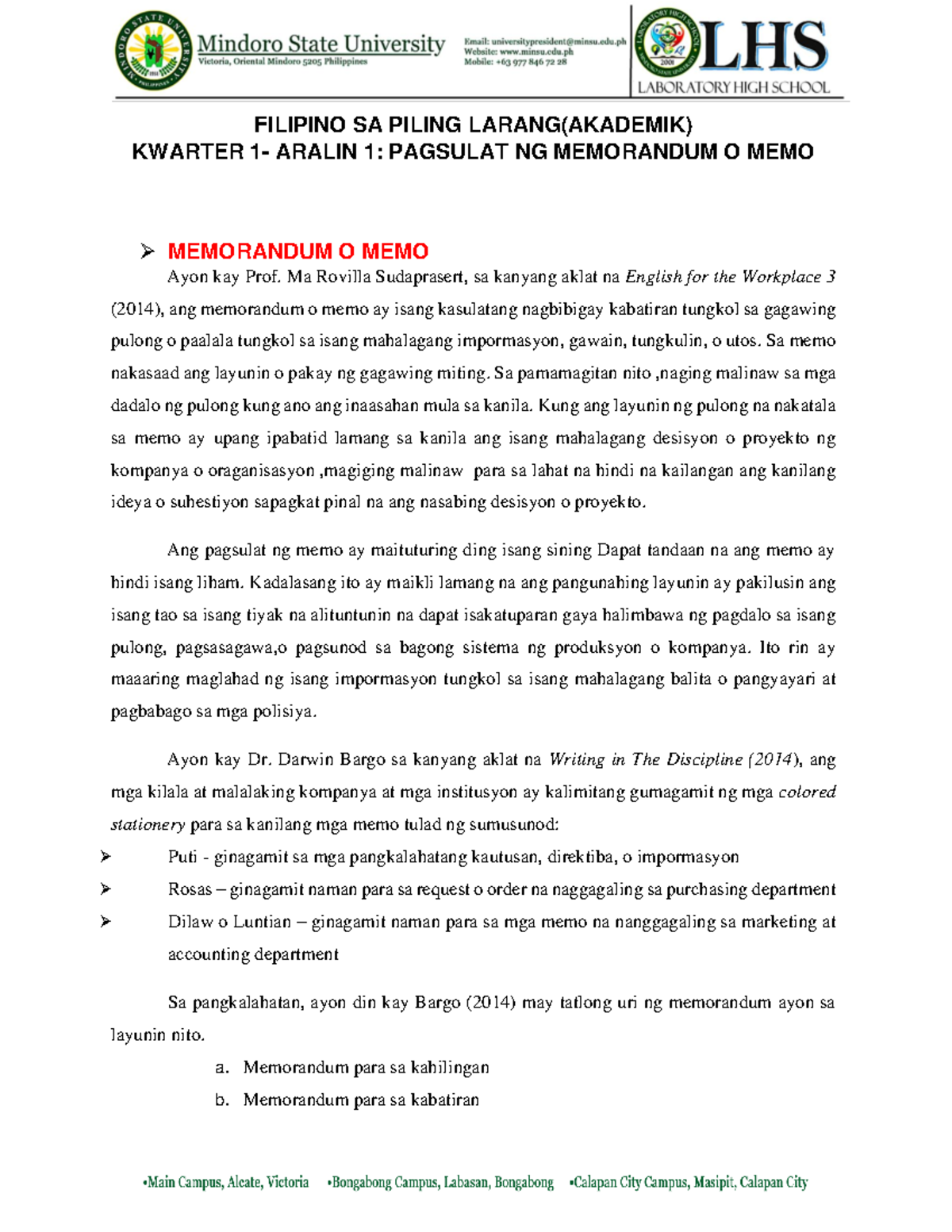Pagsulat ng Memorandum: Lektyur sa Filipino SA Piling Larang (AKAD ...