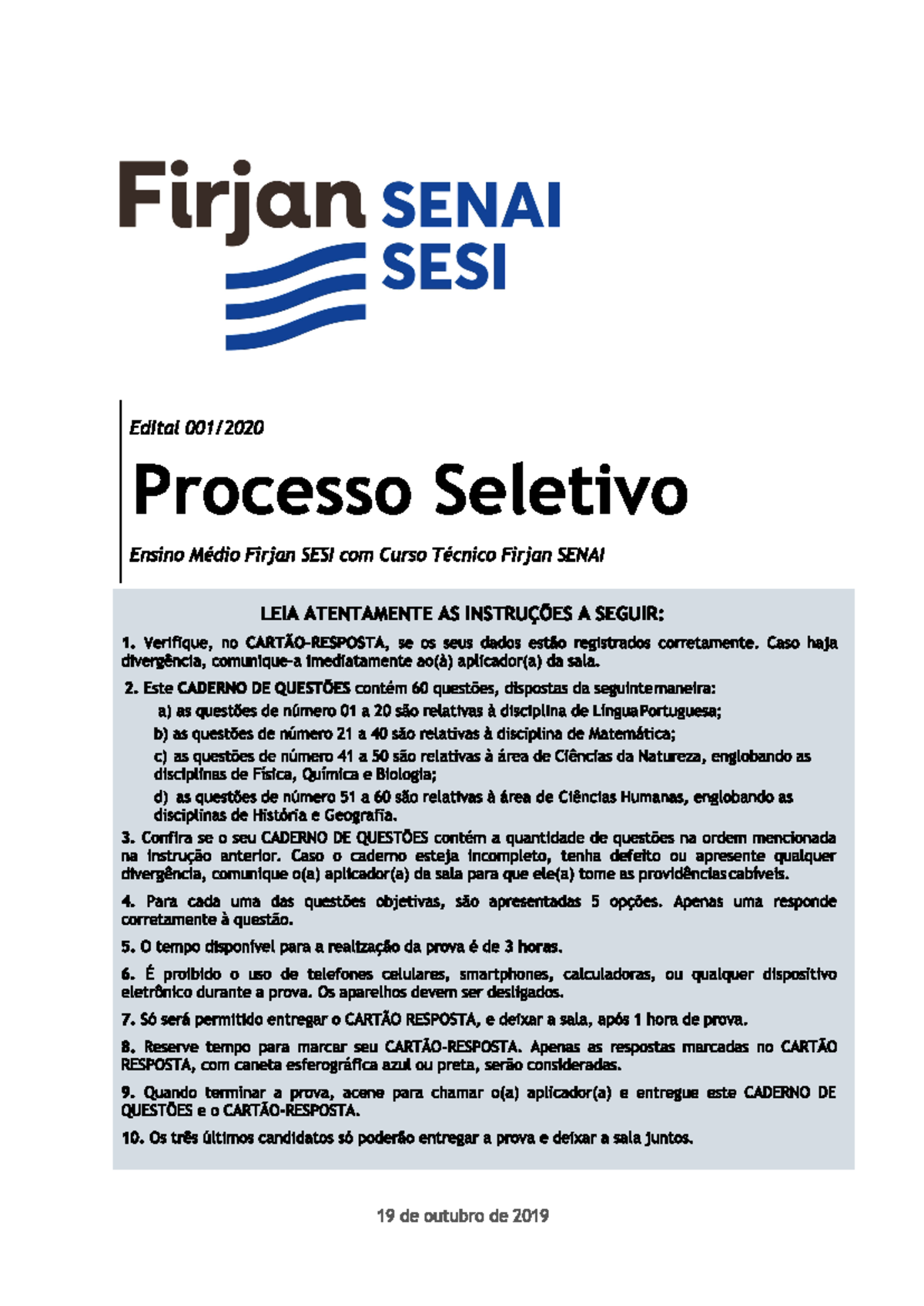 Prova do Processo Seletivo 2020 Ensino Médio Firjan SENAI SESI - Studocu