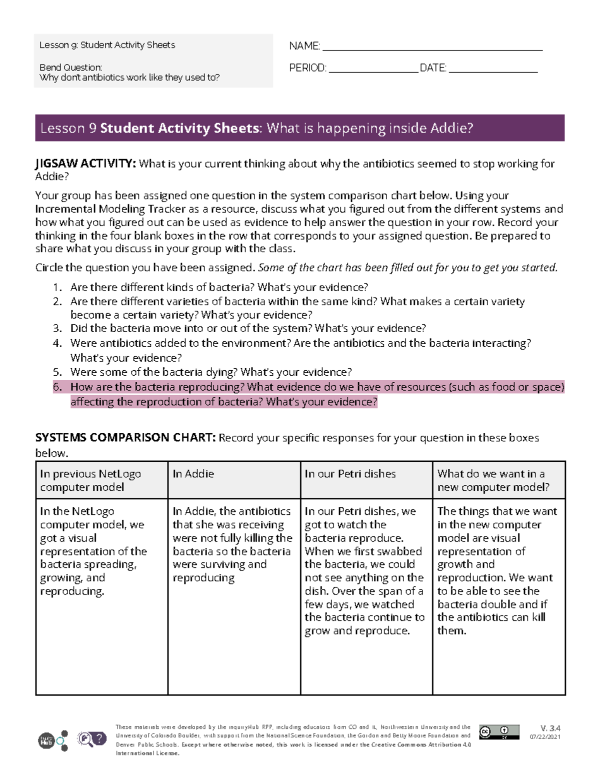 9.2 Student Activity Sheet Lesson 9 Bend 1 Addie Evolution - Lesson 9 ...