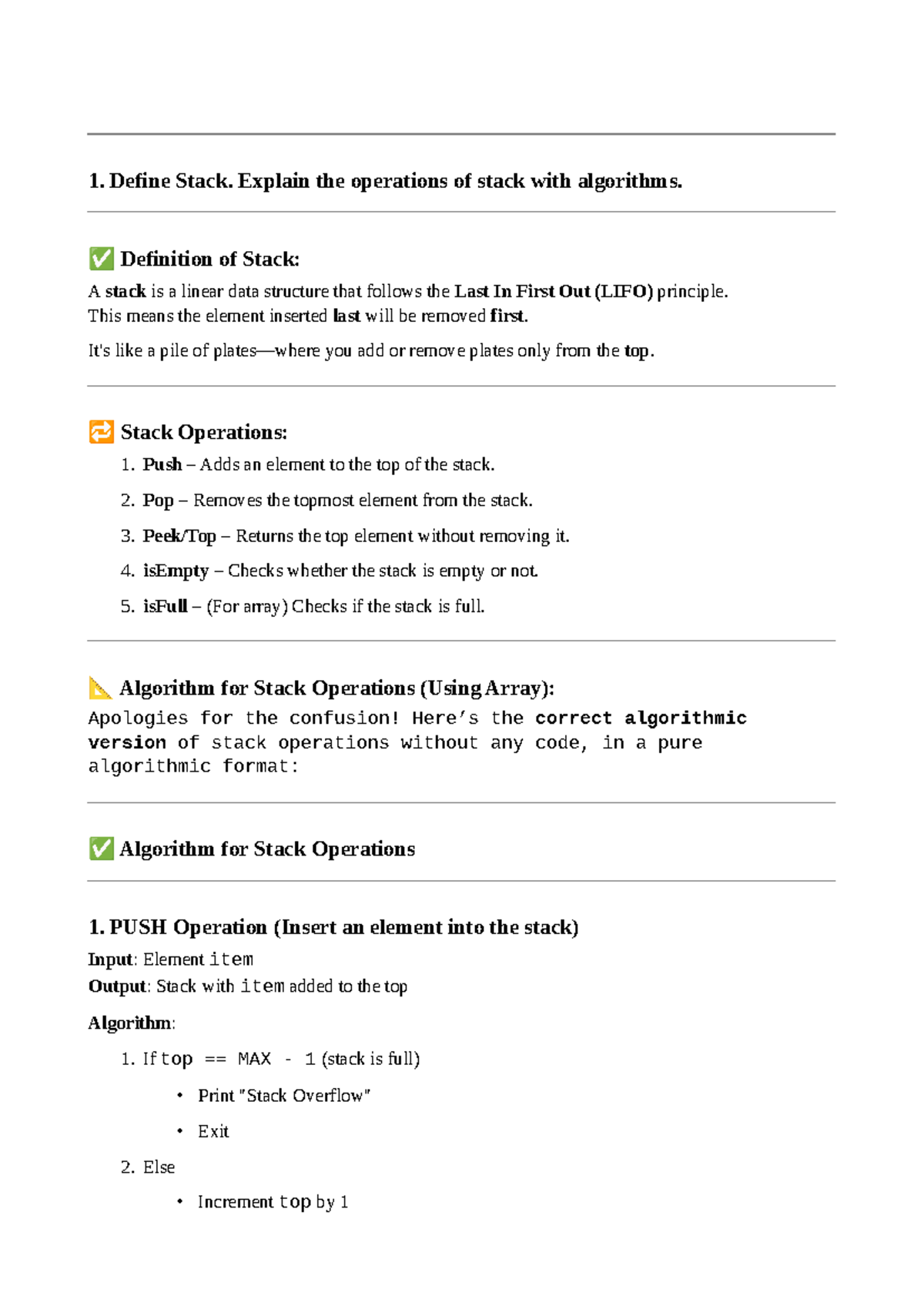 DS 101: Stack Operations, Definitions, and Implementations Explained - Studocu