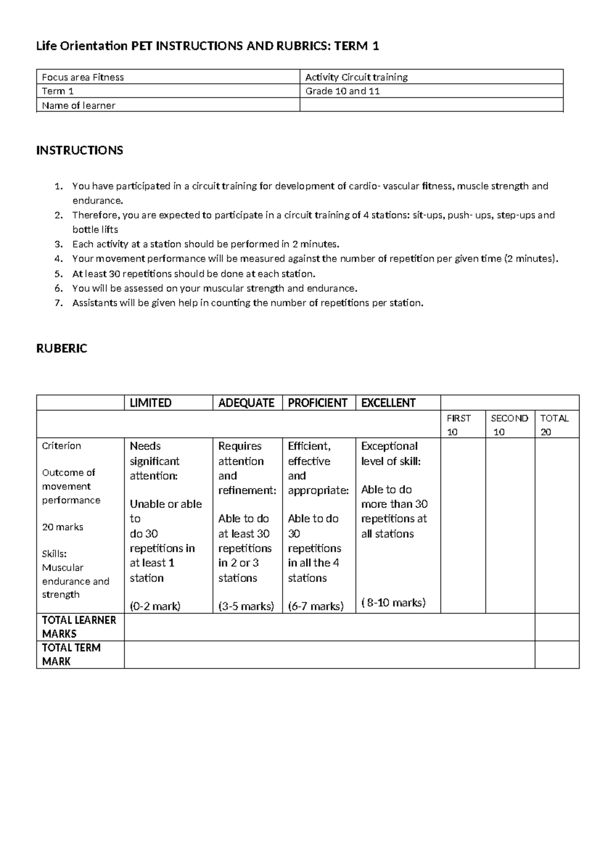 Life Orientation PET Instructions & Rubrics: Term 1 (Grades 10-11) - Studocu
