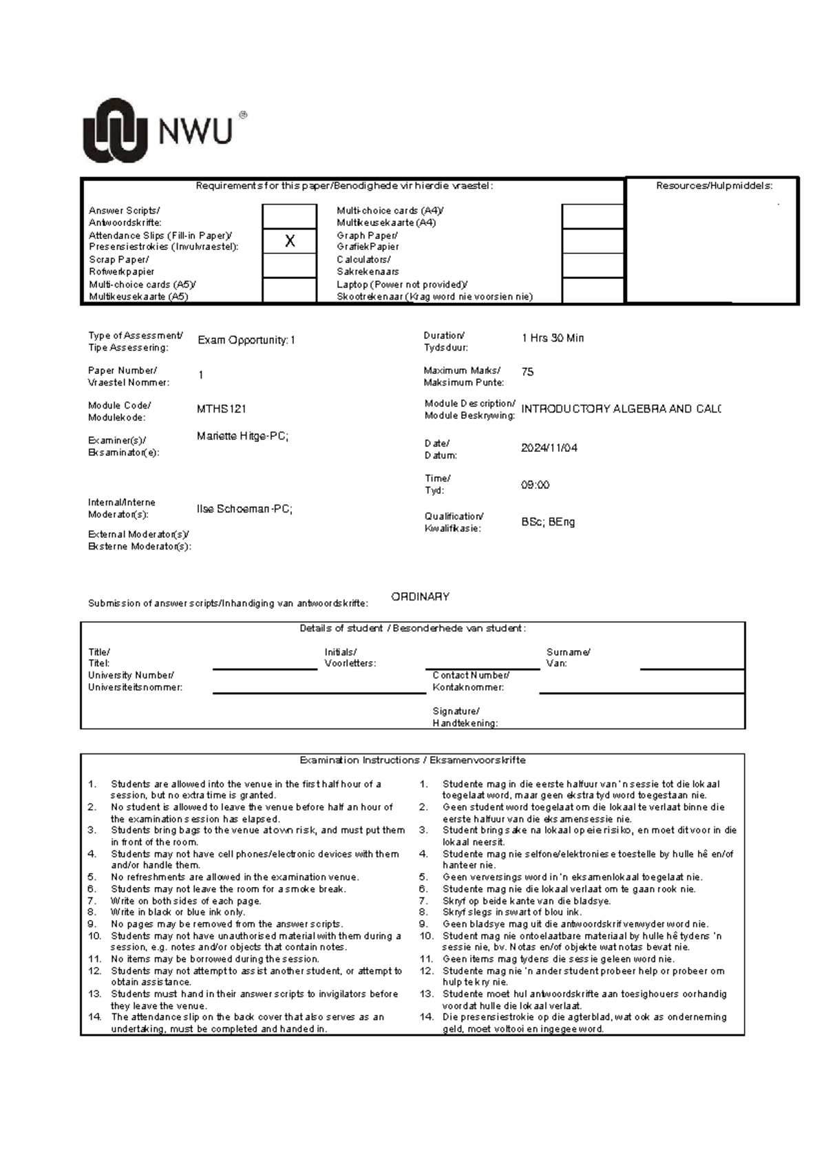 MTHS121: Paper 1 - 2024 Exam Resources and Instructions - Studocu