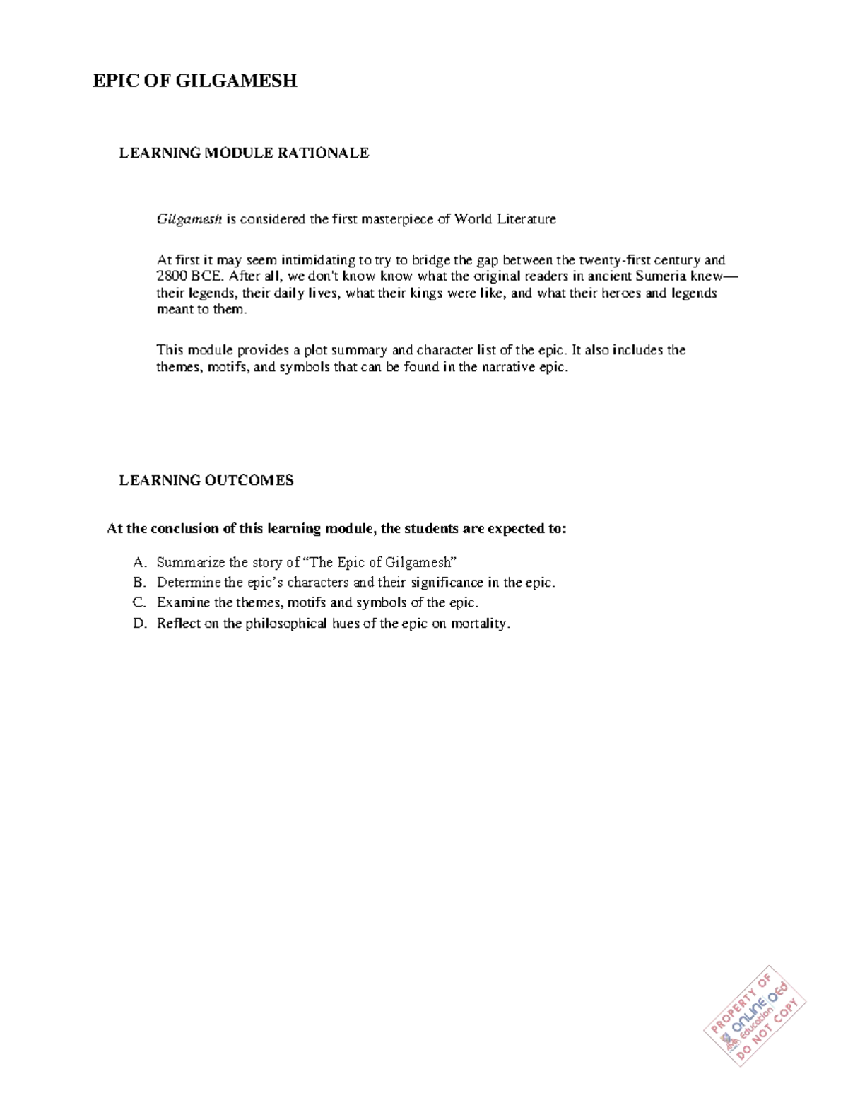 W2 - Lesson 2: Exploring the Epic of Gilgamesh - Studocu