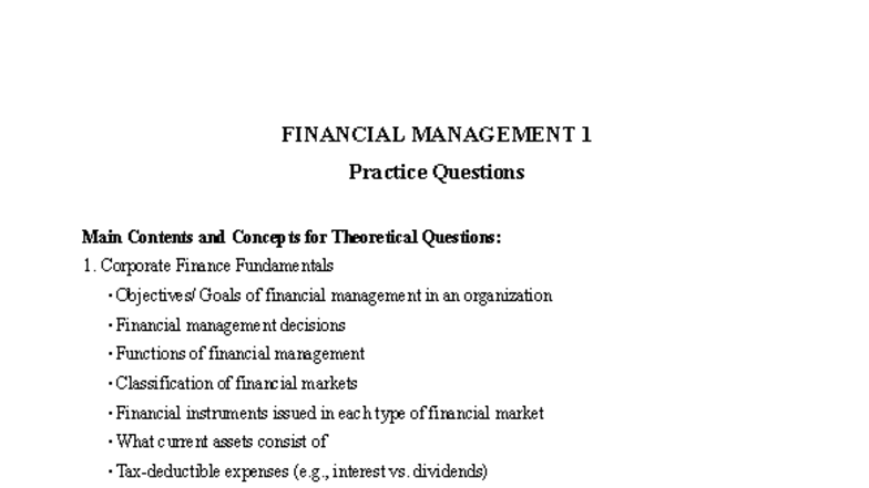 FINANCIAL MANAGEMENT 1 Practice Questions: Key Concepts & Problems ...