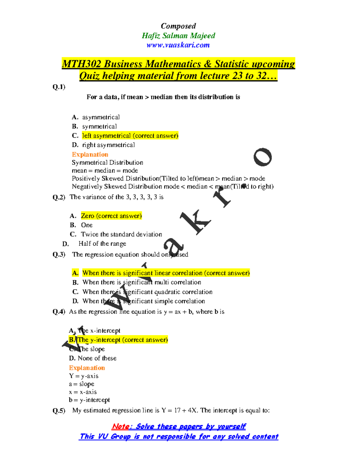 MTH302 Business Mathematics: Quiz Preparation from Lectures 23-32 - Studocu