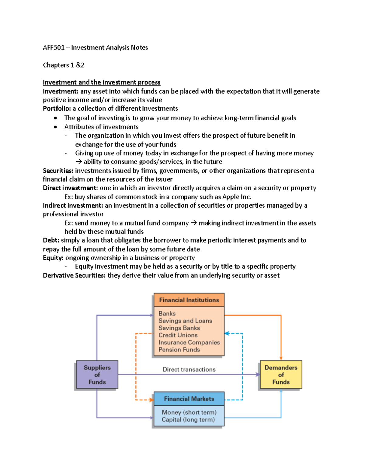 AFF501 Notes - AFF501 – Investment Analysis Notes Chapters 1 ...