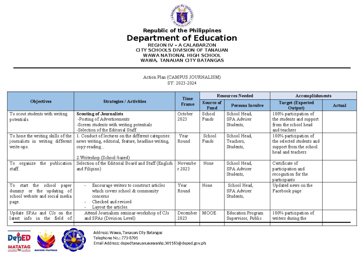Action Plan for Campus Journalism - SY 2023-2024 - WNHS - Studocu