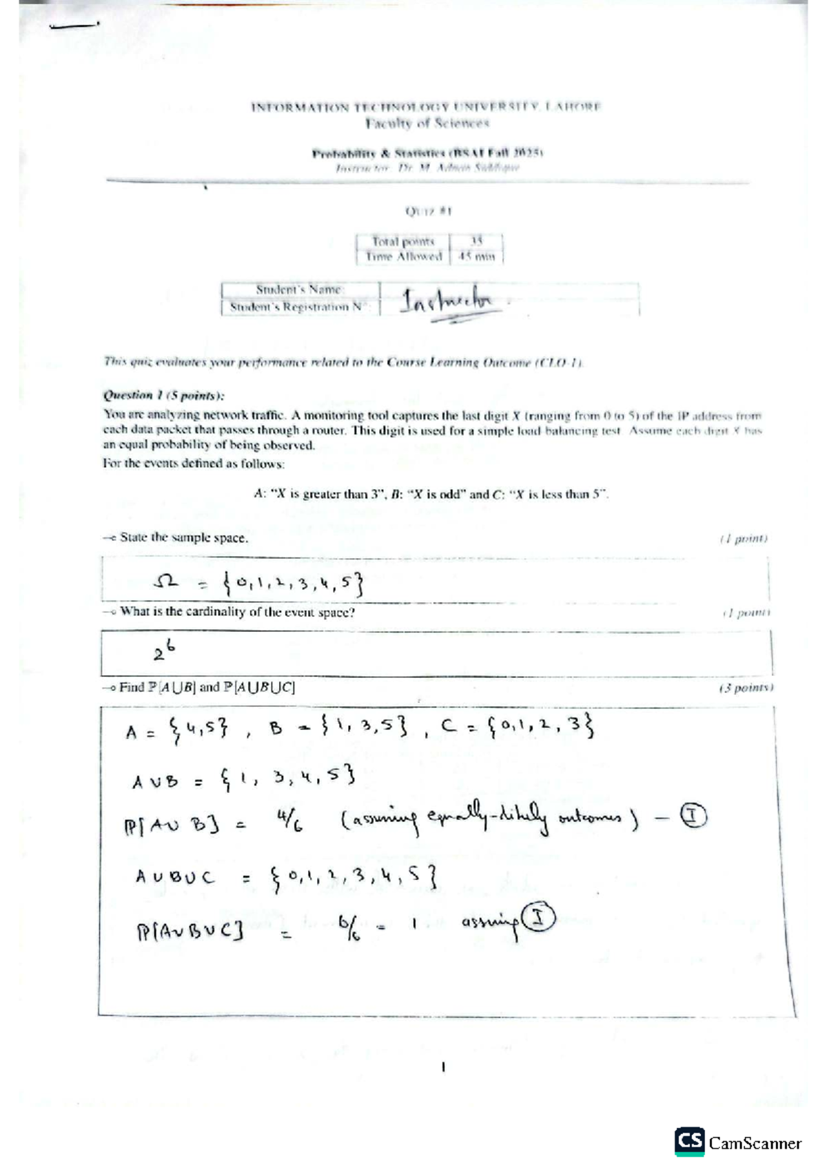 Quiz 1 Solutions for Probability Statistics (BSAT Fall 2025) - Studocu