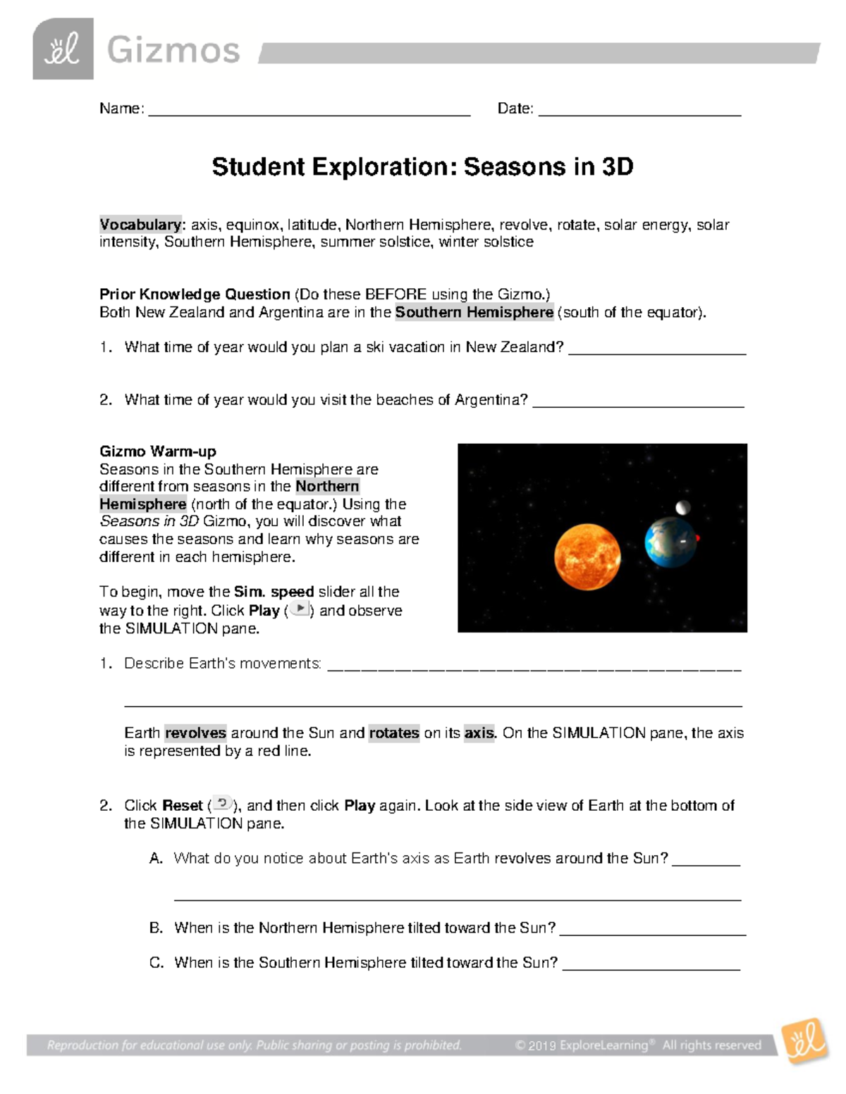 Seasons Exploration in 3D (3DSE) - Student Activity Guide - Studocu