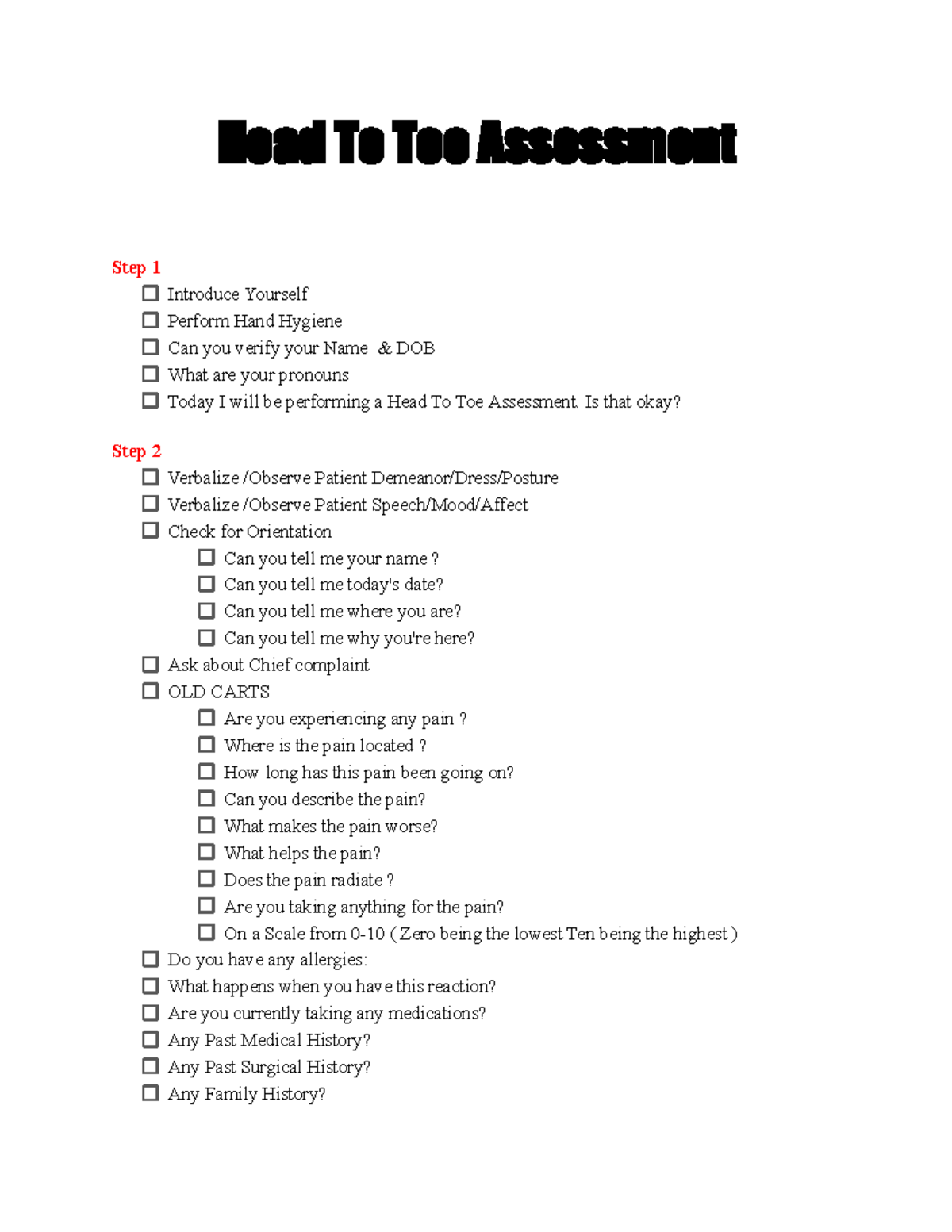 Comprehensive Head-to-Toe Assessment Guide for Health Prof. SNA4P - Studocu