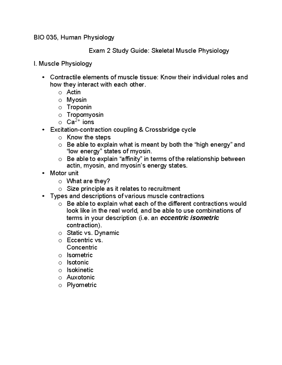 BIO 035 Study Guide: Exam 2 on Skeletal Muscle Physiology - Studocu