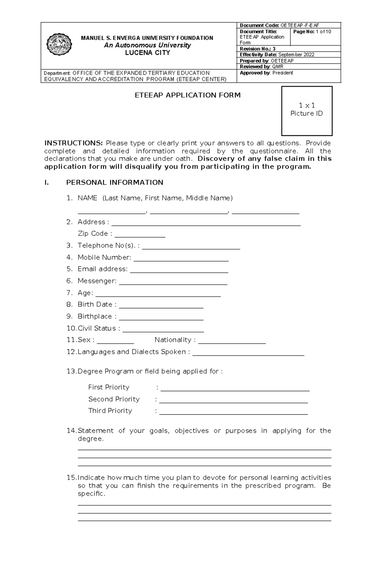 ETEEAP Application Form - September 2022 | Manuel S. Enverga University ...