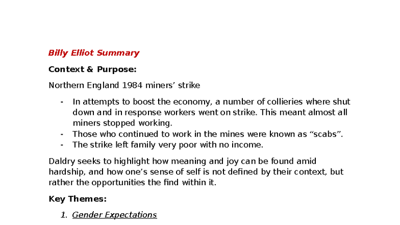 Billy Elliot Summary: Themes & Context of 1984 Strike - Studocu