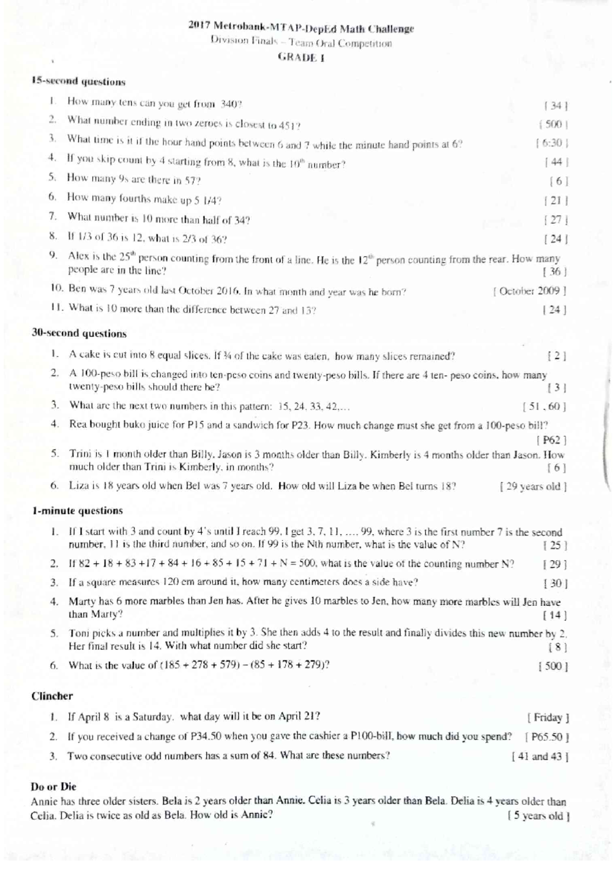 2017 Math Challenge Division Finals - Grade 1 Oral Competition - Studocu