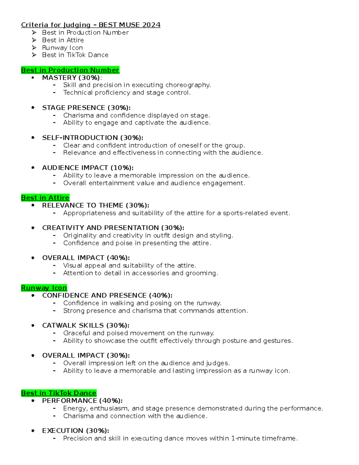 Criteria for Judging – BEST MUSE 2024 Evaluation Guide - Studocu