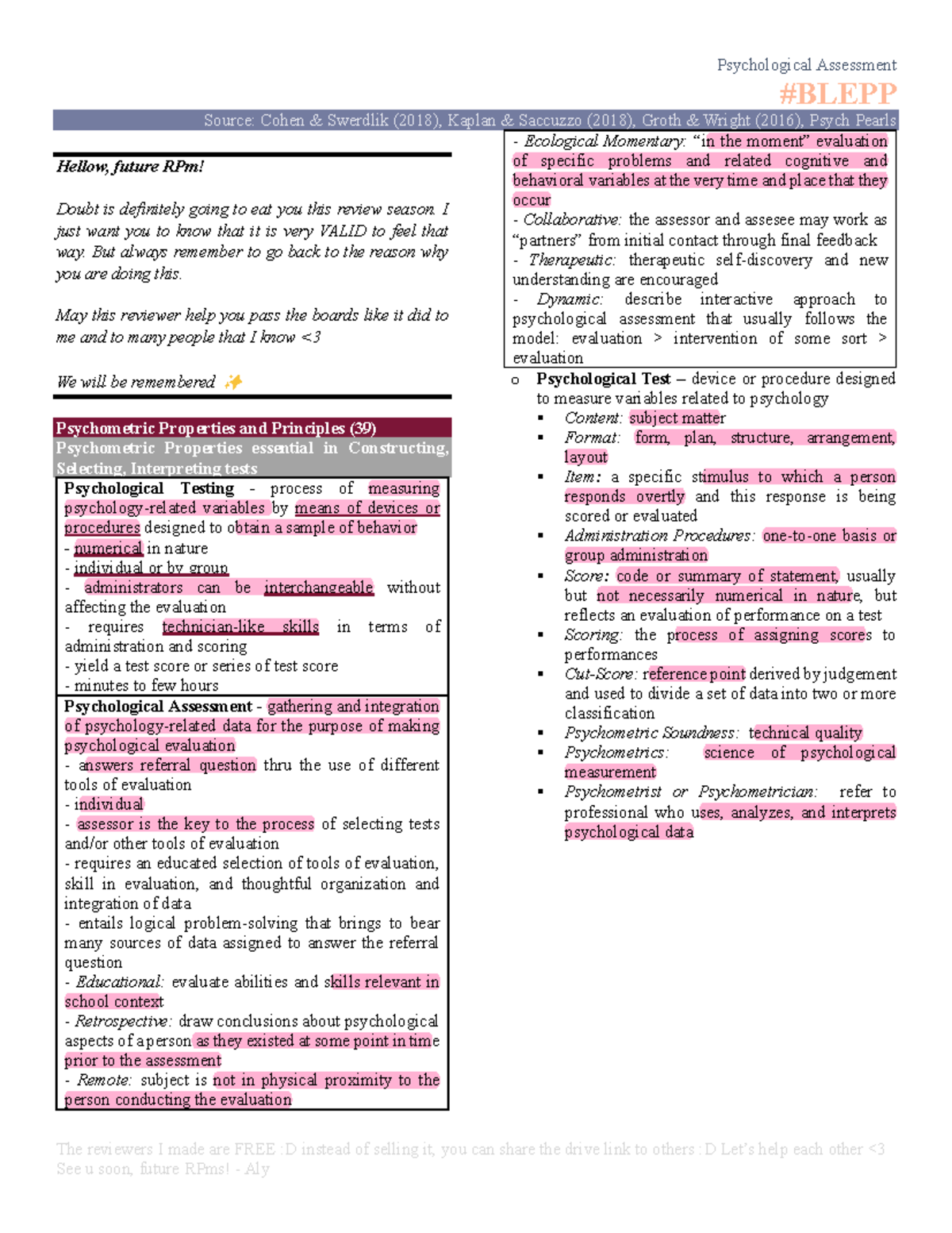 Psychological Assessment TOS Outline: Final Exam Review (PSY 101) - Studocu