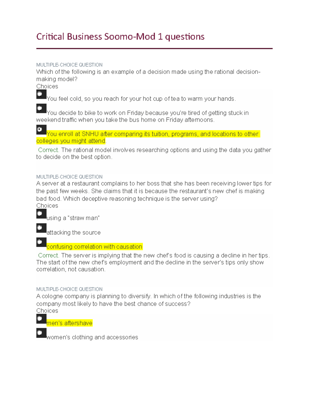 Critical Business Soomo Mod 1 Answers & Decision-Making Insights - Studocu