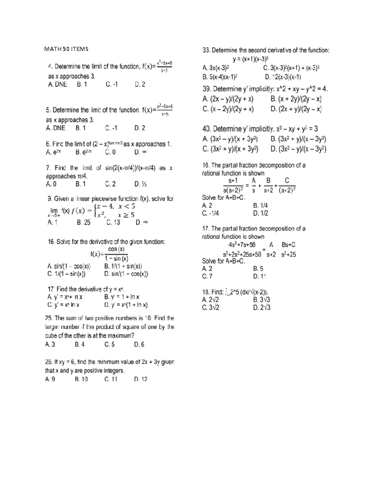 MATH50 Study Items for Exam Preparation - Studocu