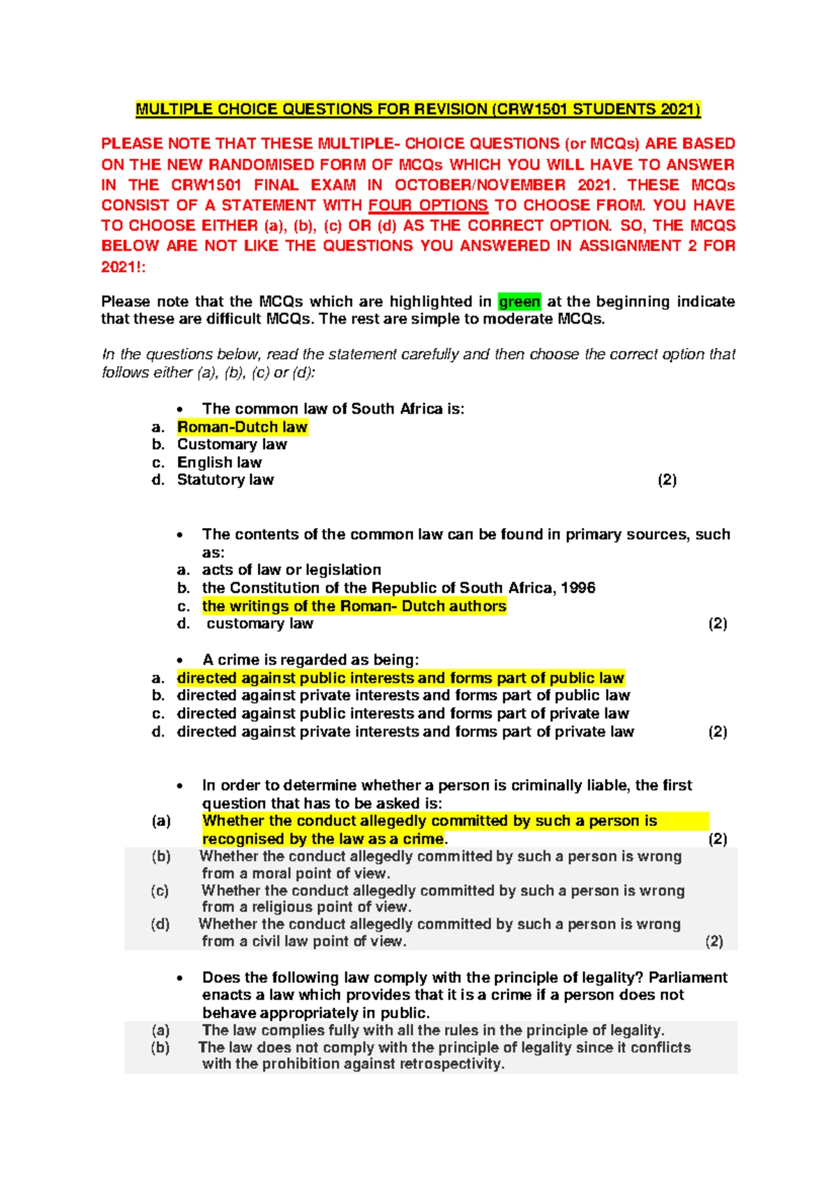 CRW multple qs - MCQ WITH ANSWERS - CONFIDENTIAL THIS PAPER CONSISTS OF ...