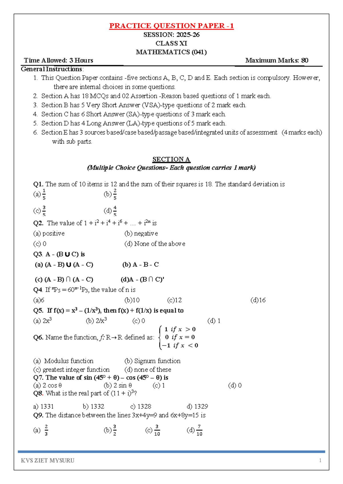 PRACTICE QUESTION PAPER: CLASS XI MATHEMATICS (041) - Studocu