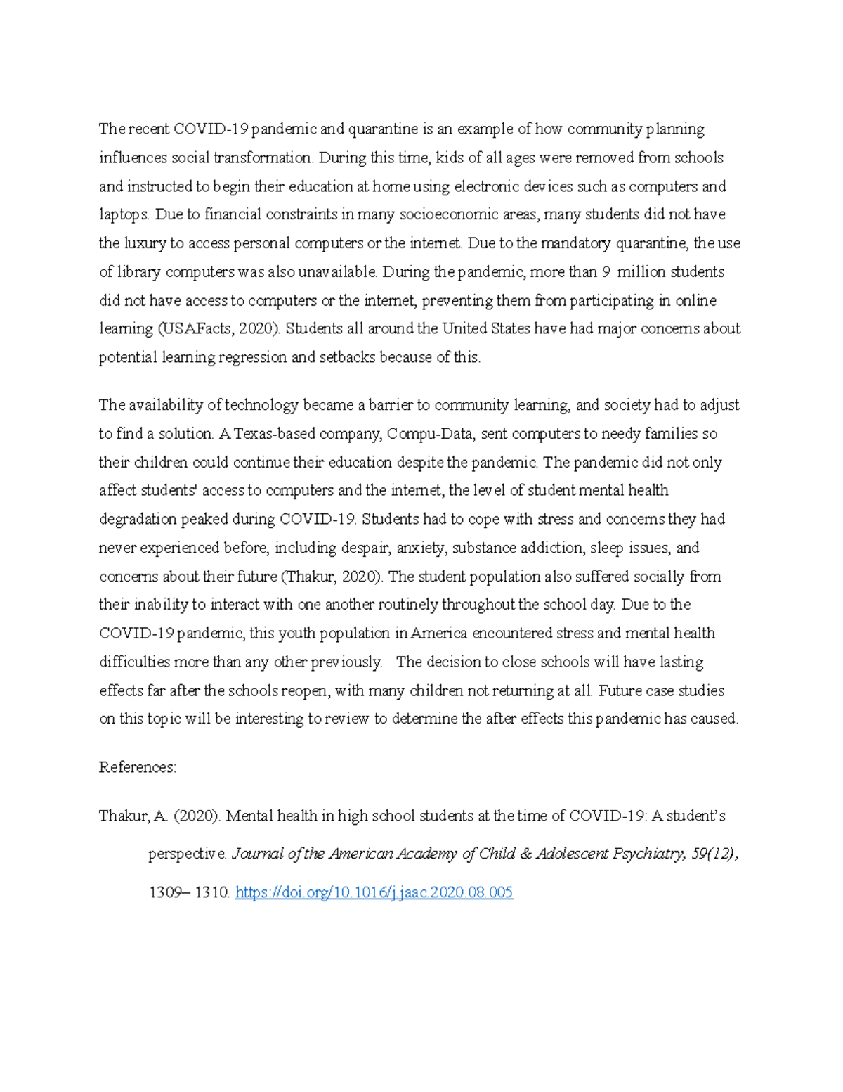 PSY 442 Discussion 4: Impact of COVID-19 on Student Learning and Mental ...