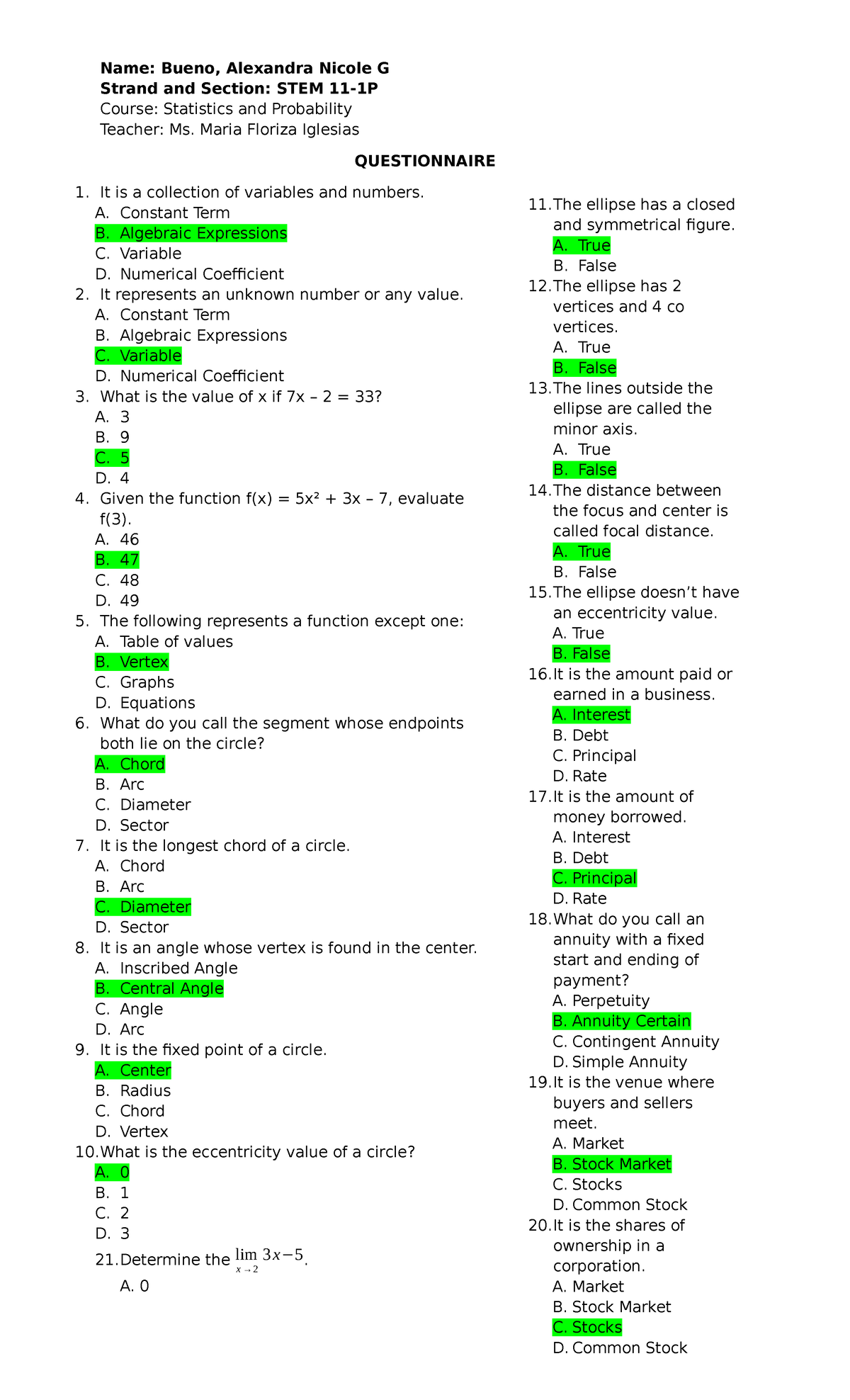 Questionnaire - Name: Bueno, Alexandra Nicole G Strand and Section ...