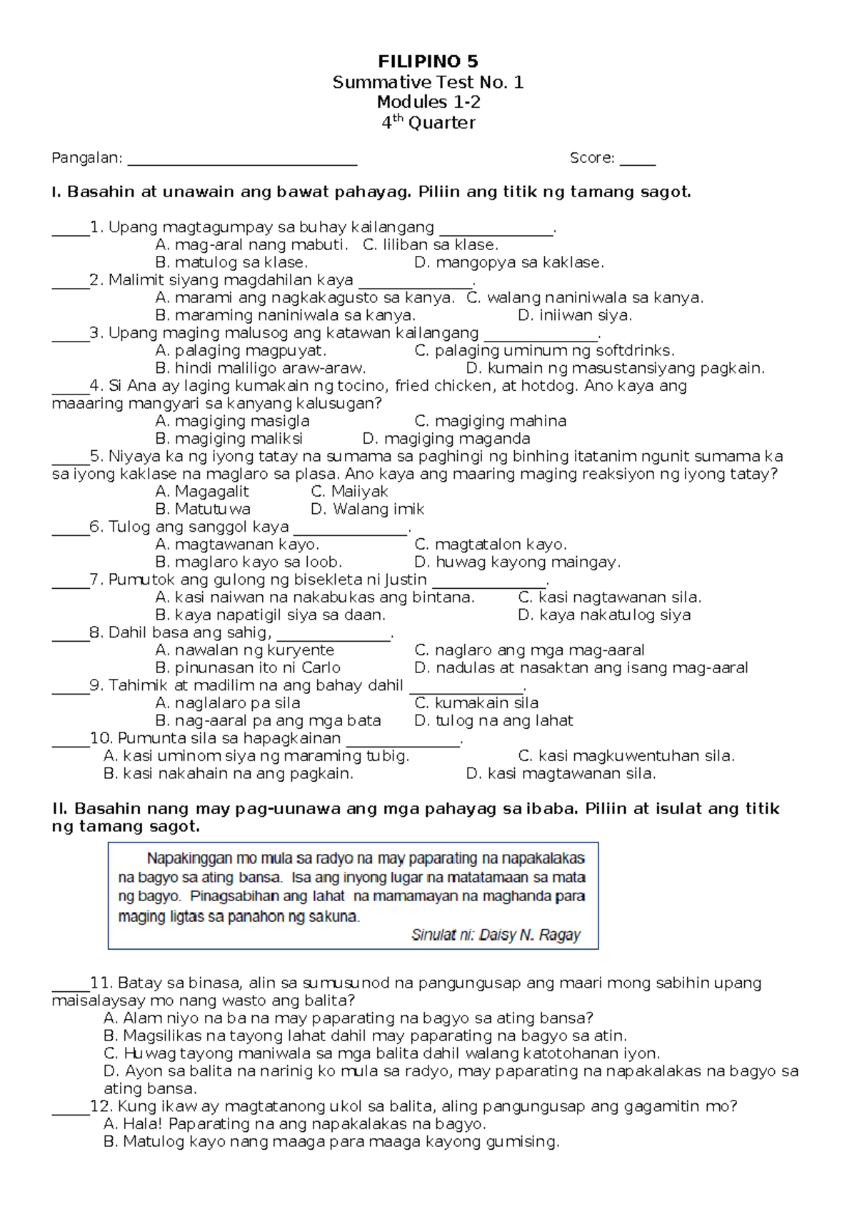 Filipino 5 ST1 Q4 - Summative Test Questions and Answers - Studocu