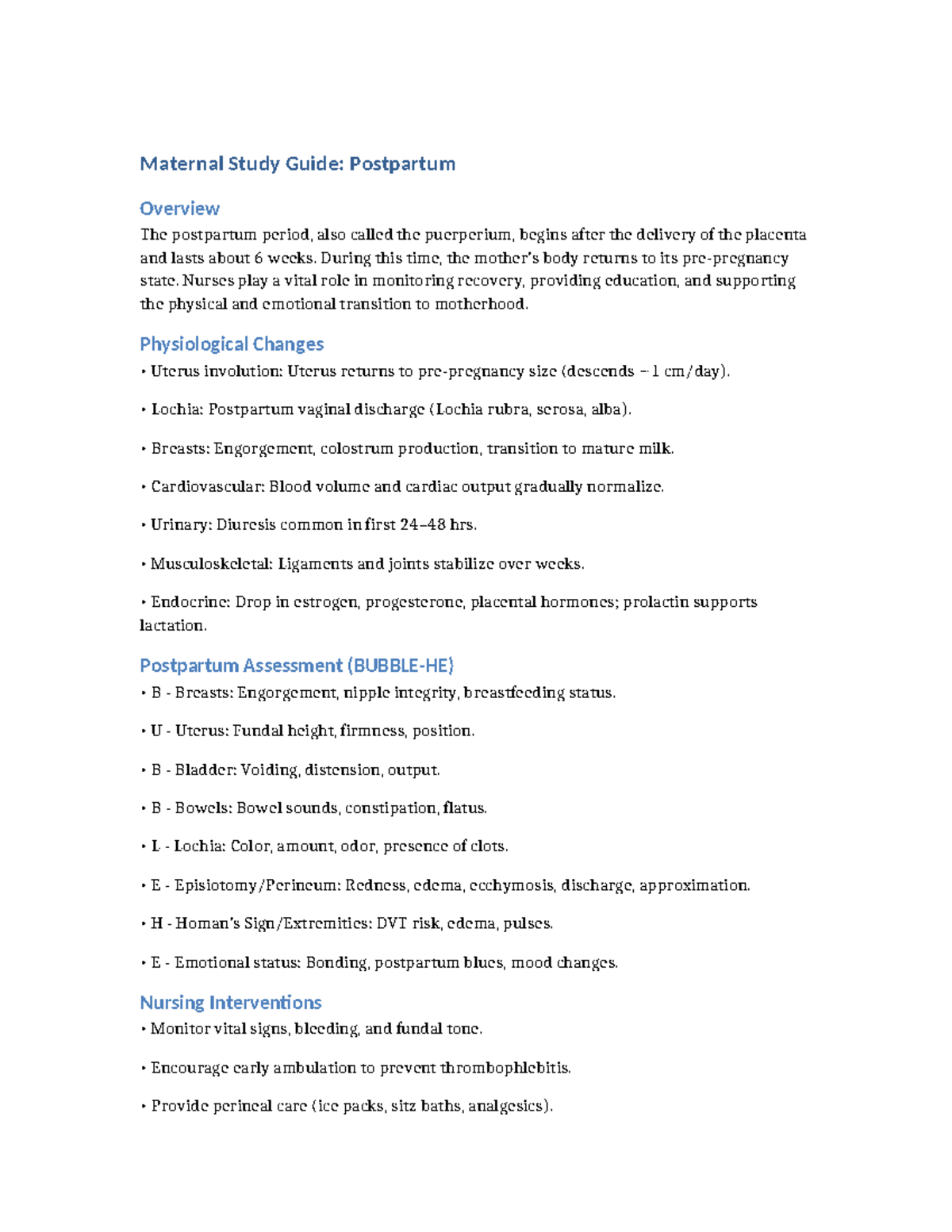 Postpartum Study Guide: Maternal Care Overview - Studocu