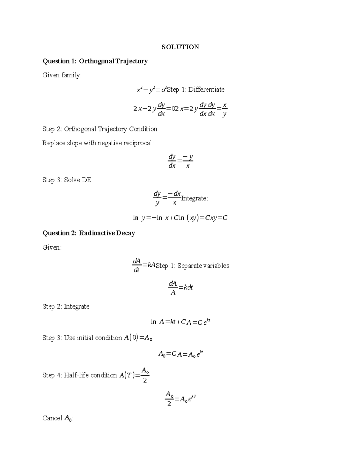 Mth401 Assignment 1 Solutions: Orthogonal Trajectories & Decay - Studocu