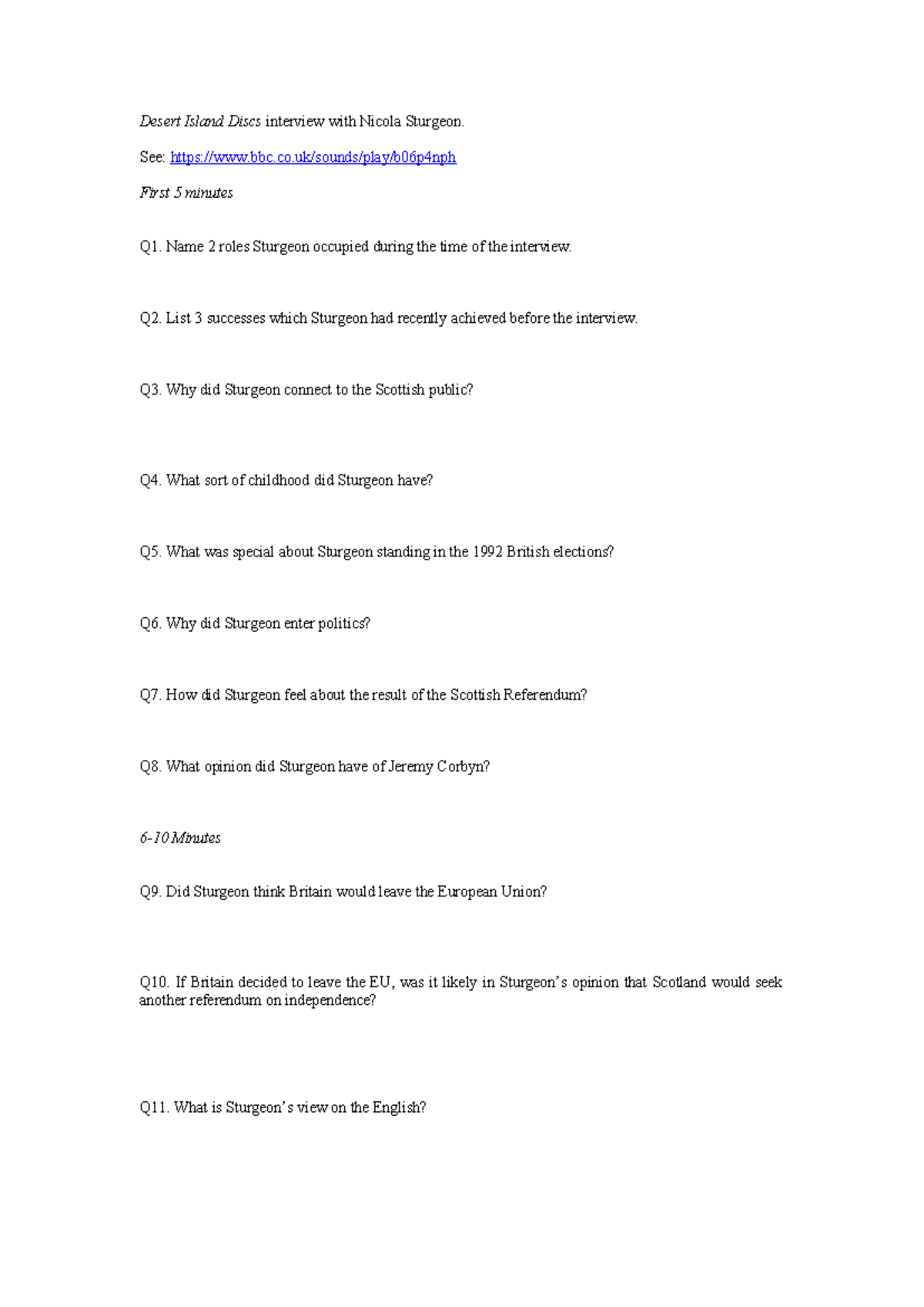 Desert Island Discs Interview Questions: Nicola Sturgeon Insights - Studocu