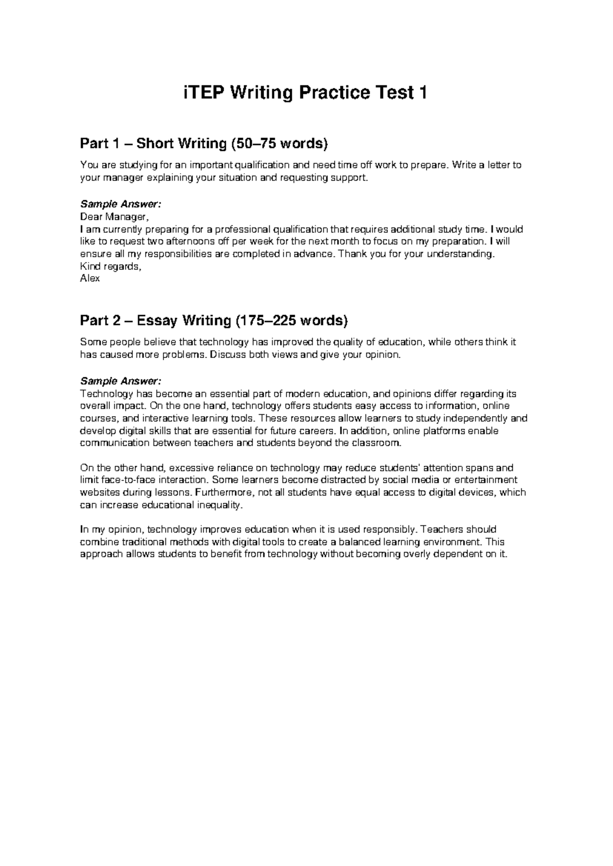 iTEP Writing Practice Tests 1-10 with Sample Answers - Studocu