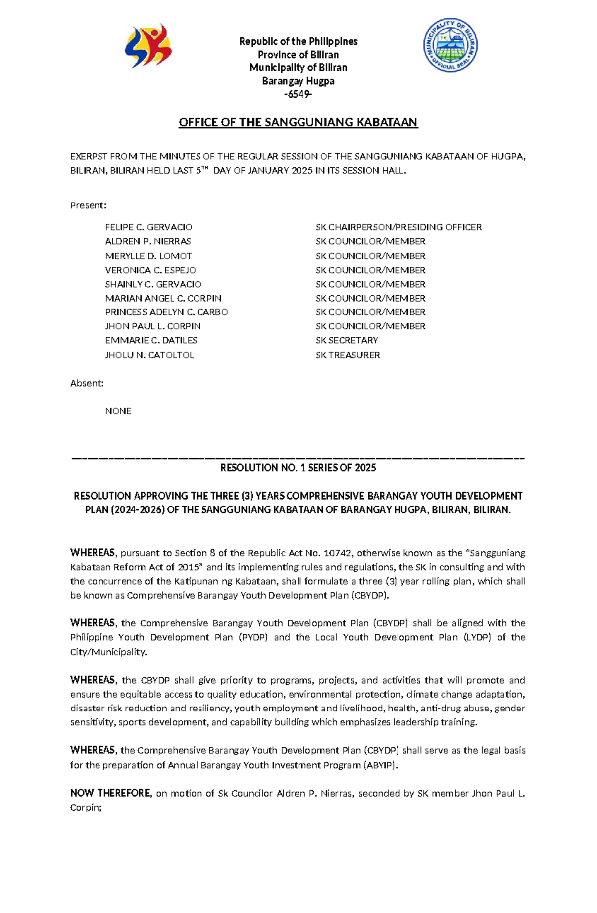 Resolution No. 1 Series of 2025: Comprehensive Youth Dev. Plan - Studocu