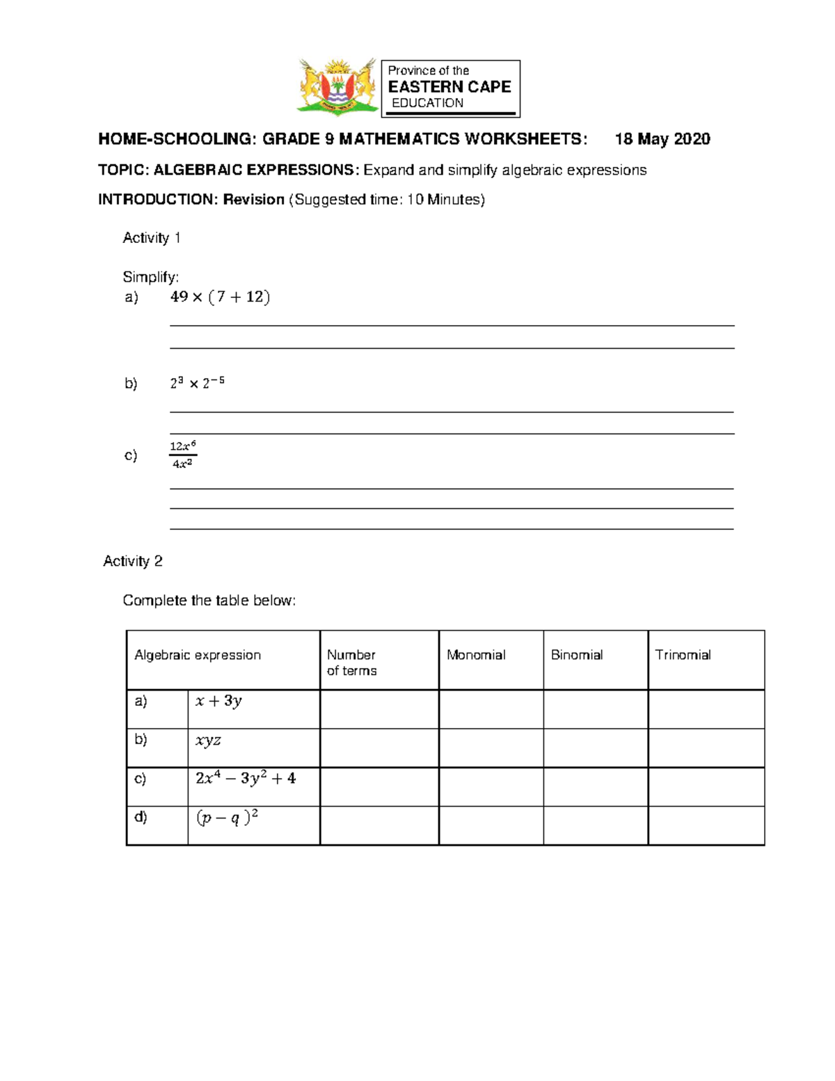 Grade 9 Mathematics Worksheets: Algebraic Expressions & Factorization ...